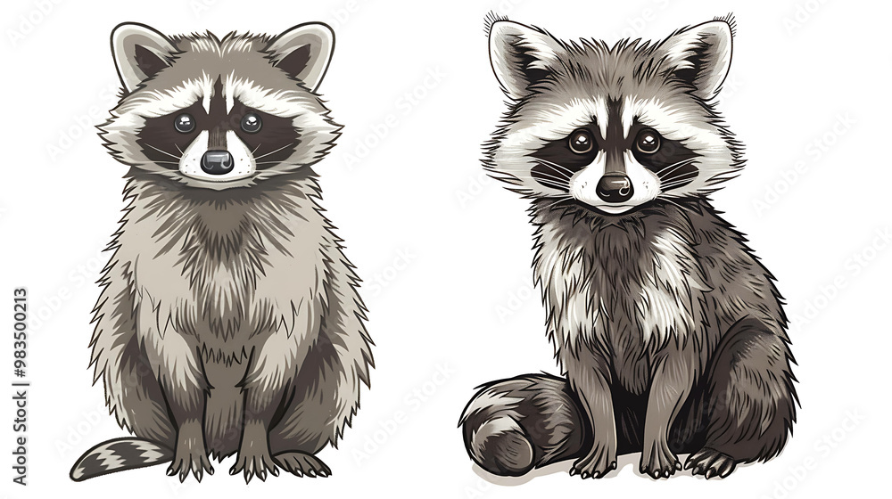 Two cartoon raccoons sitting, one facing front, one facing side, drawn ...