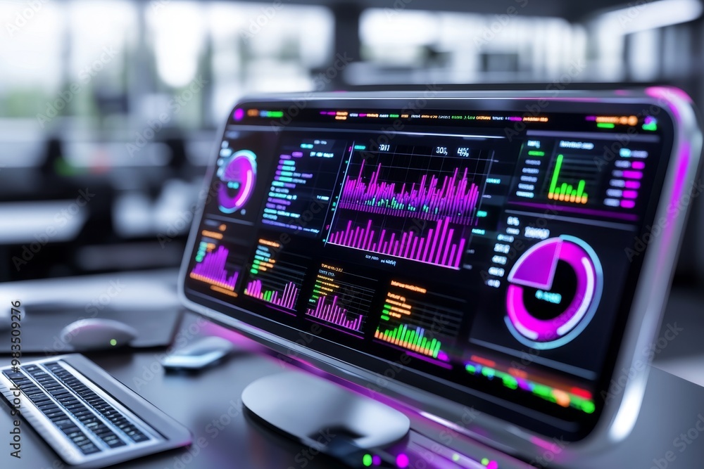 Futuristic data dashboard, with glowing metrics, graphs, and pie charts in a high-tech office ...