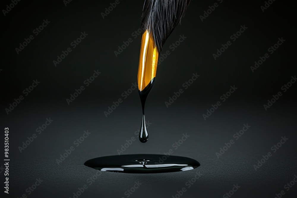 Ink dripping from a quill, forming the first letter of a word ...