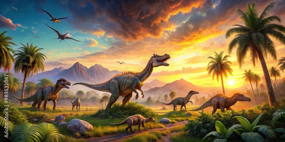 Prehistoric dinosaurs in lush landscape with vibrant sunset backdrop ...