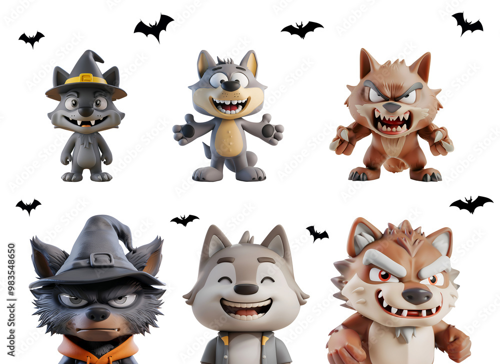 Set collection of Halloween werewolf with various expressions: angry ...