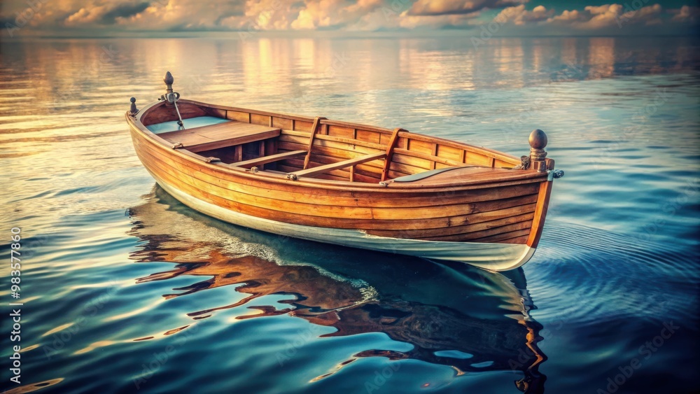 Vintage wooden lifeboat with paddle floating on calm waters old ...