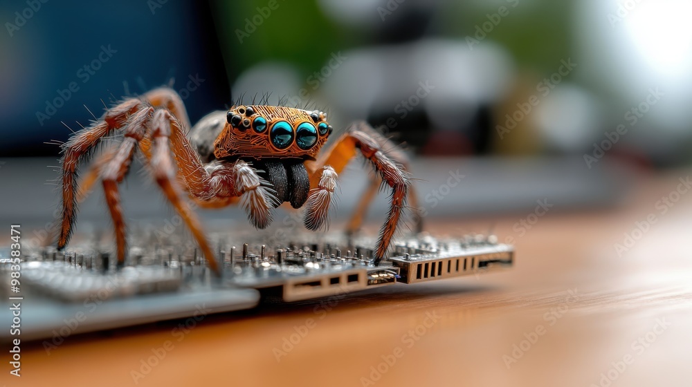 A realistic and hairy robotic spider with blue eyes stands on an ...