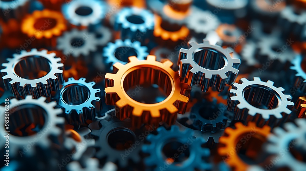 A dynamic 3D-rendered scene showcasing a collection of gears, each ...