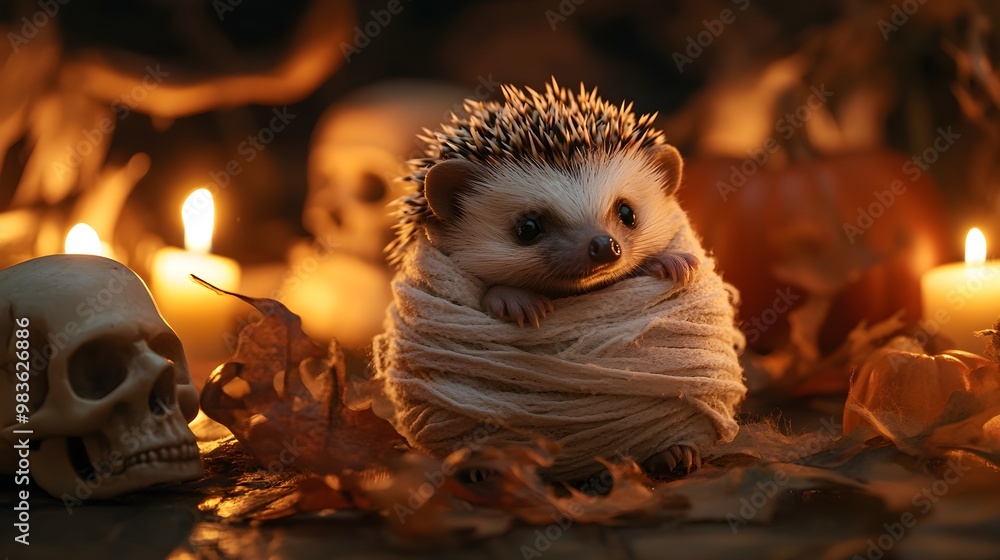 A hedgehog dressed as a mummy, covered in delicate bandages, scurries ...