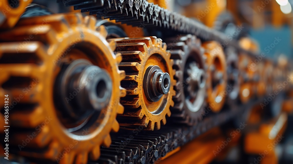 Set of gears turning in perfect unison driving a machine forward as a ...