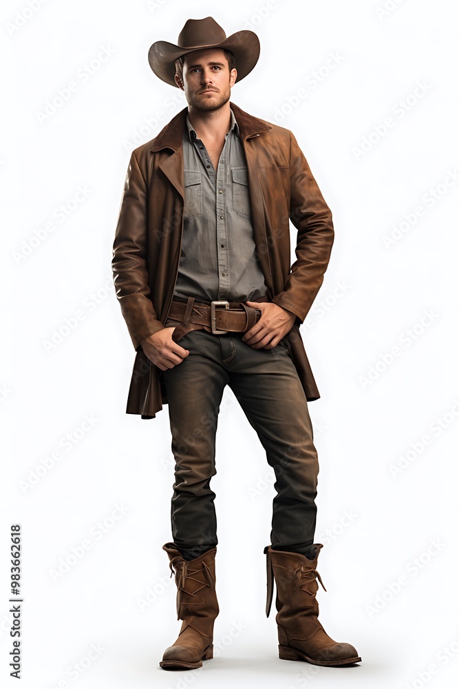 A full body clipart of a cowboy standing confidently, wearing a leather ...