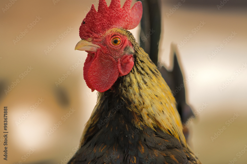Primer plano de un gallo mostrando su cresta roja y plumaje detallado ...