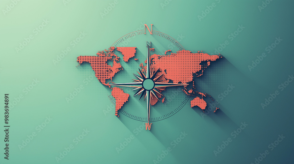 Ilustración de Stock World map with a compass rose pointing north ...