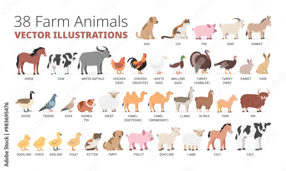 Farm animals simple vector illustration set. Domestic animals cartoon ...