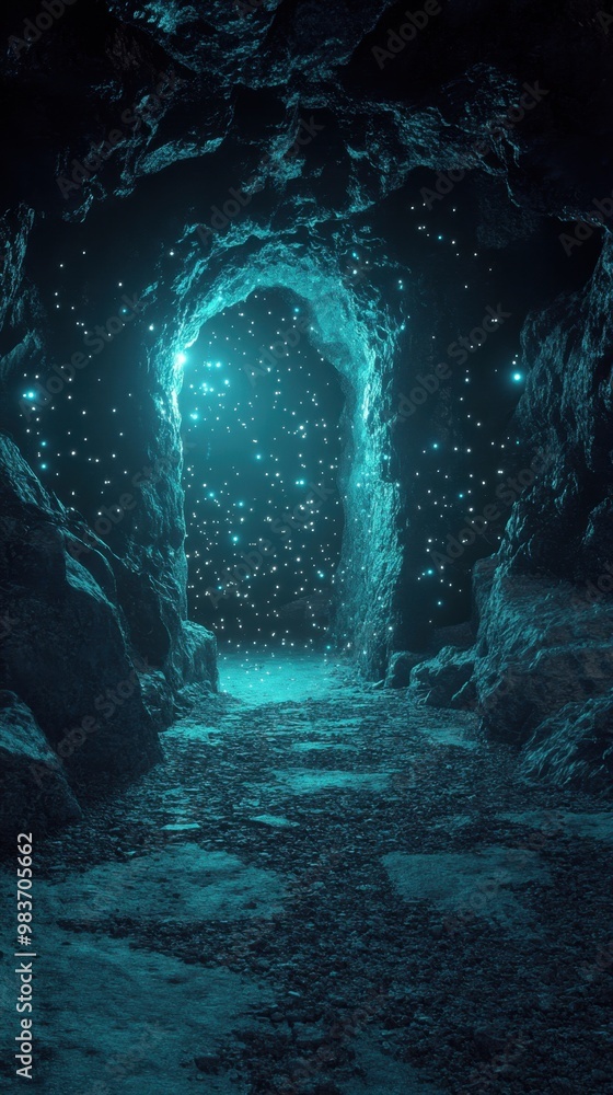 Mysterious illuminated cave pathway, glowing turquoise light and ...