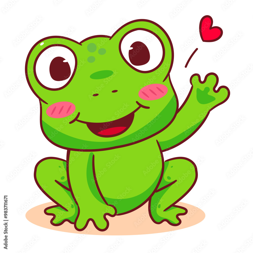 Cute frog cartoon character waving hand. Adorable animal concept design ...