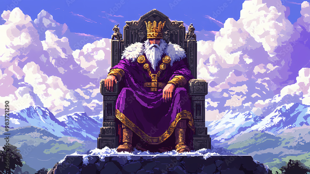 Ilustración de Stock King solomon seated on a majestic throne in pixel ...