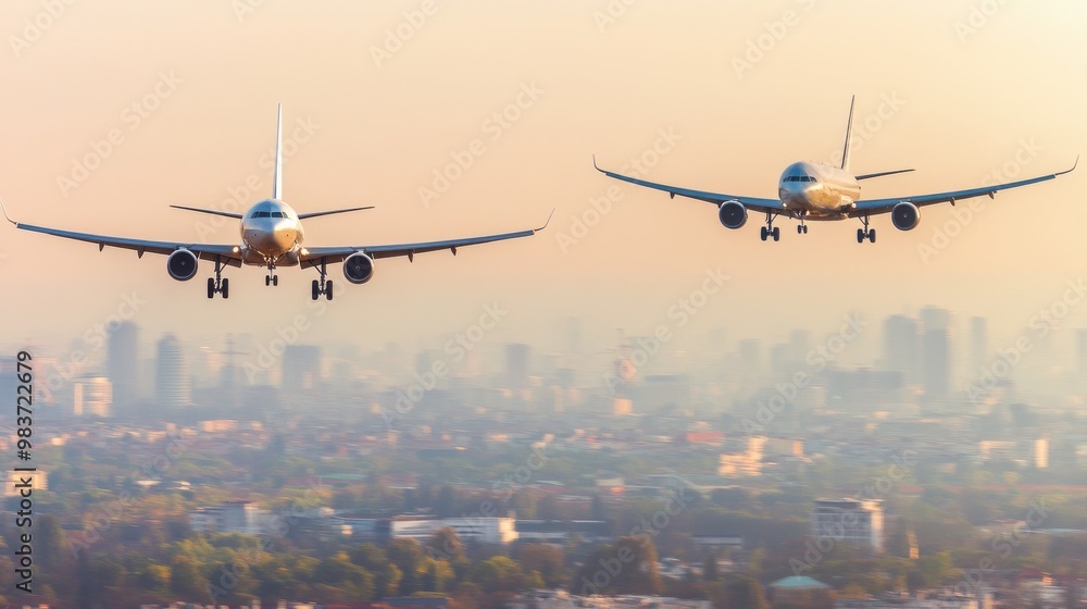 Aerial view of two airplanes, one large and one small, flying in ...