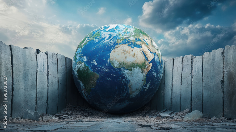 image depicts globe split in two by high wall, symbolizing barriers and ...