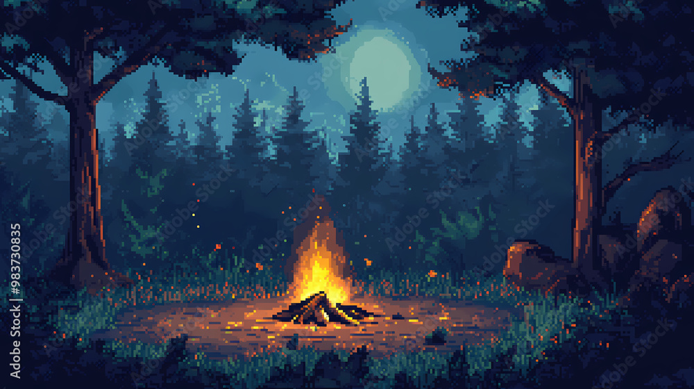 Pixel art game background with a camp fire in the forest. generative ai ...