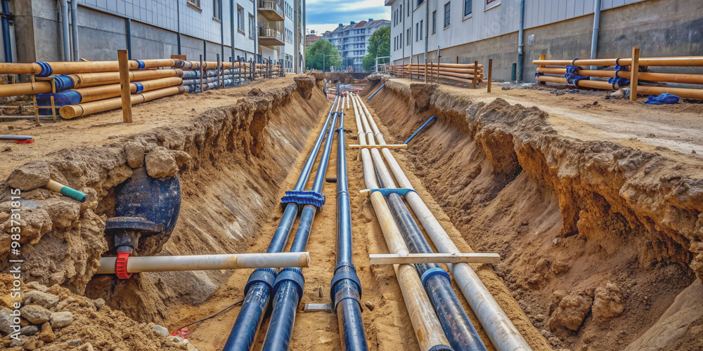 Trench dug in empty construction site with PVC pipes and fittings laid ...