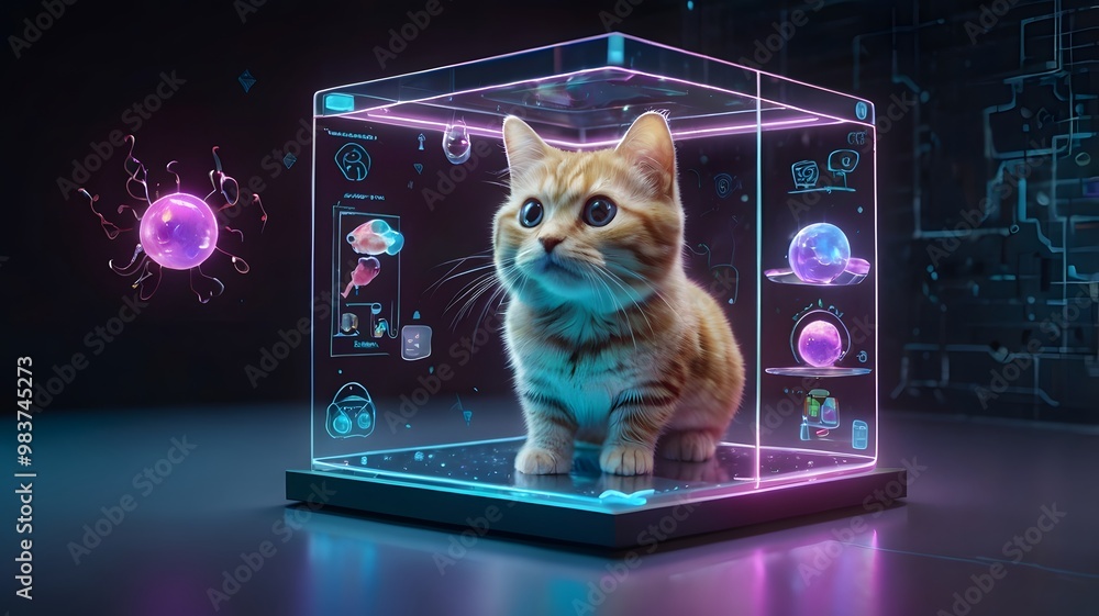 holographic interface showing a virtual pet cat with interactive ...