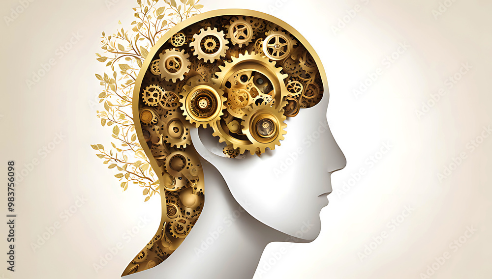 An illustration of a human mind concept, revealing mechanical golden and metallic color of gears ...