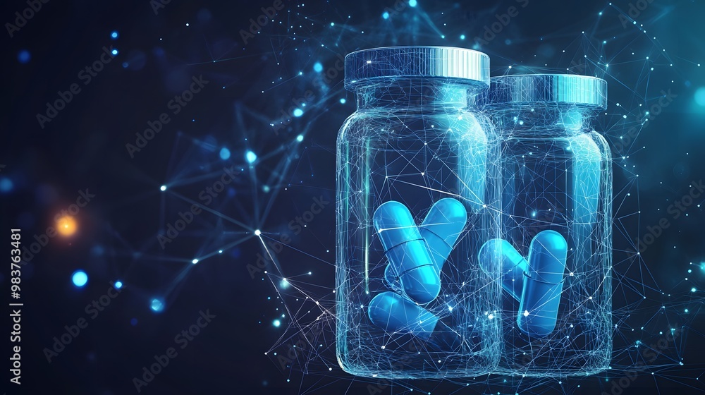 Plastic bottle with two abstract blue medical drug capsules. Healthcare ...