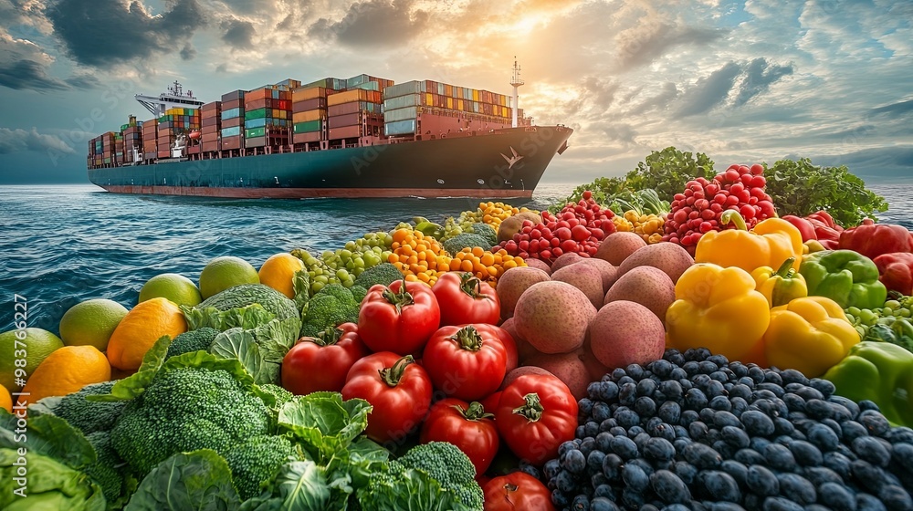 Cargo Ship Delivering Fresh Produce to a Port Stock Illustration ...