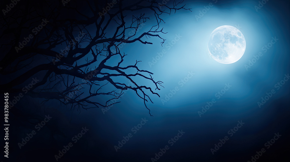 Eerie nightscape featuring a full moon illuminated by mist and ...