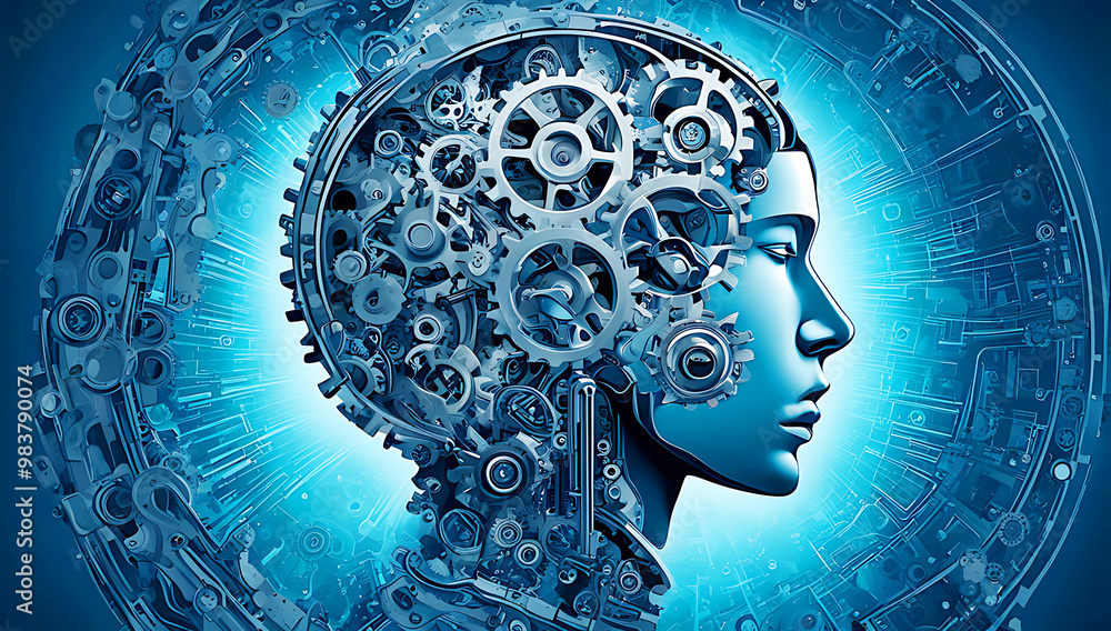 An illustration of a human mind concept, revealing mechanical golden ...