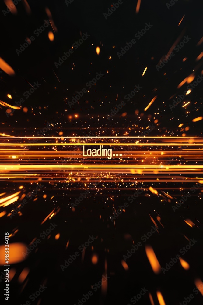 Loading word on black digital technology background. Golden lines on ...