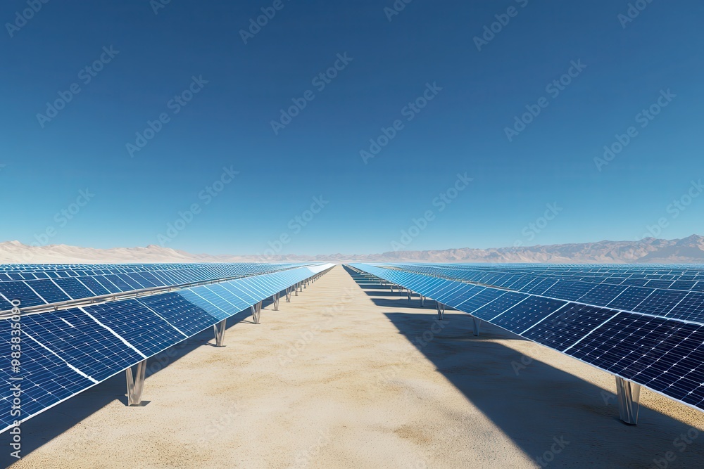 Expansive solar farm under bright blue sky, showcasing rows of solar ...