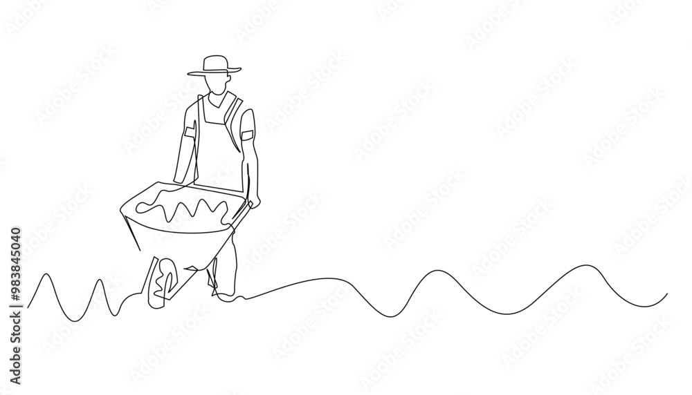 continuous line drawing of farmer transporting with a wheelbarrow ...