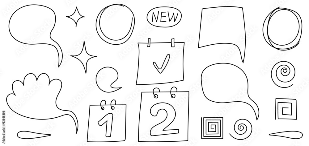 Doodle sketch set. Frame, star, check mark, calendar date and pattern ...