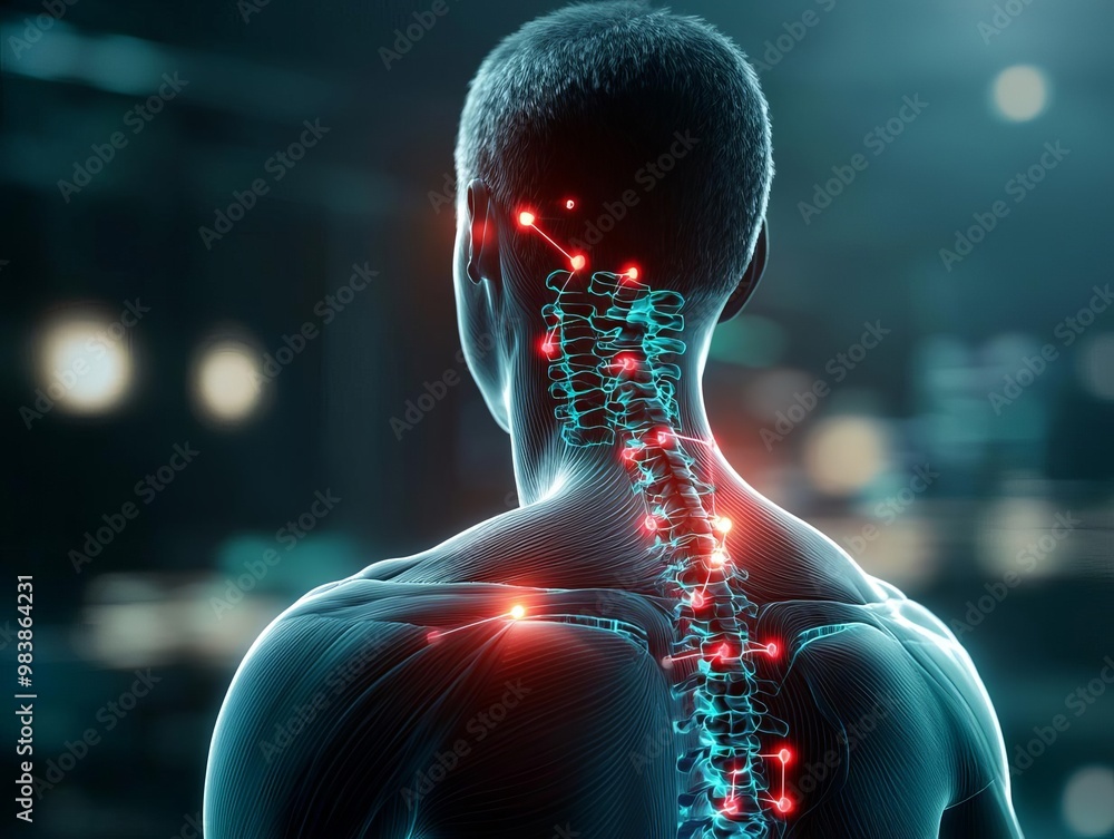 Concept image of muscles with glowing red pain points, symbolizing ...
