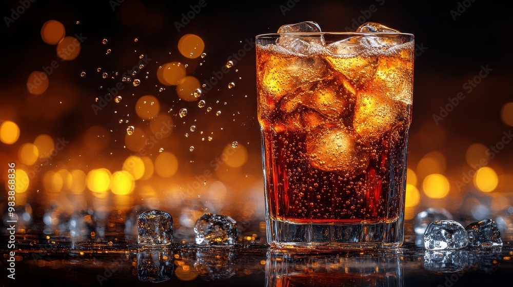 Icy Cold Cola Drink with Ice Cubes in a Glass, Splashing Liquid and ...