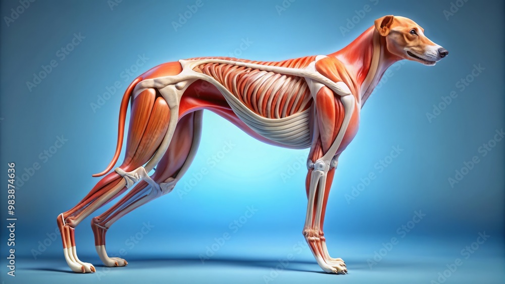 * This image depicts the intricate anatomy of a dog's leg, featuring ...