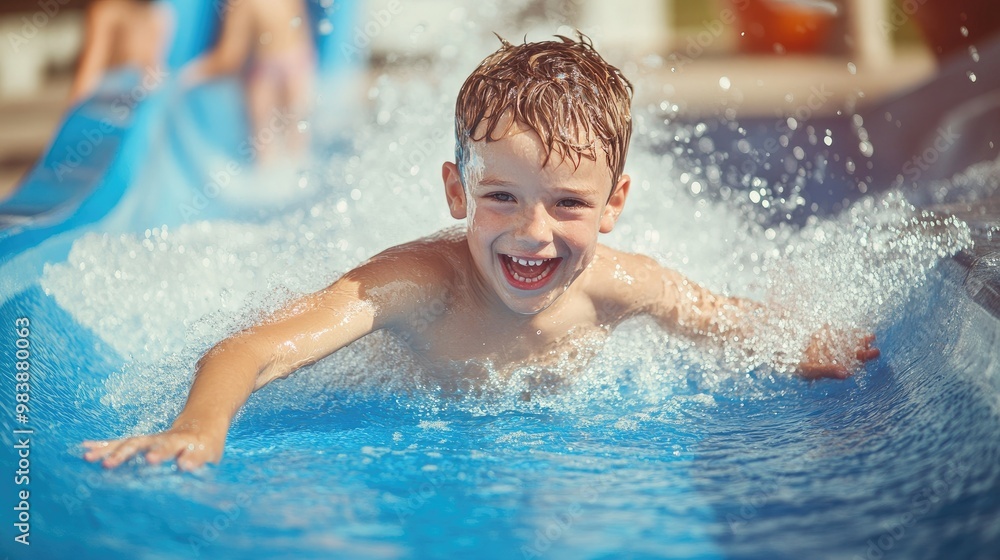 Happy boy going down the water slide in the water park, joyful children ...