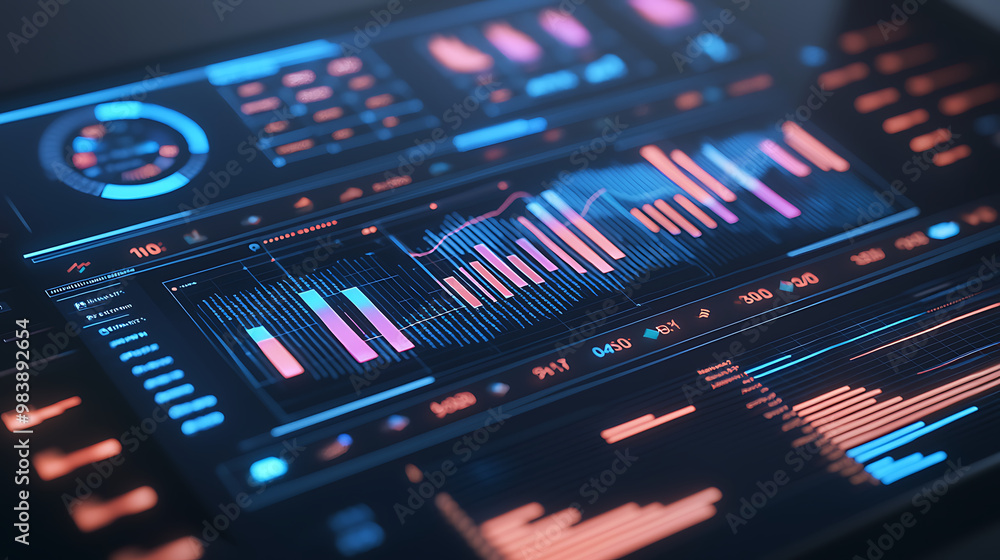 A 3D financial dashboard displaying vibrant graphs and data ...