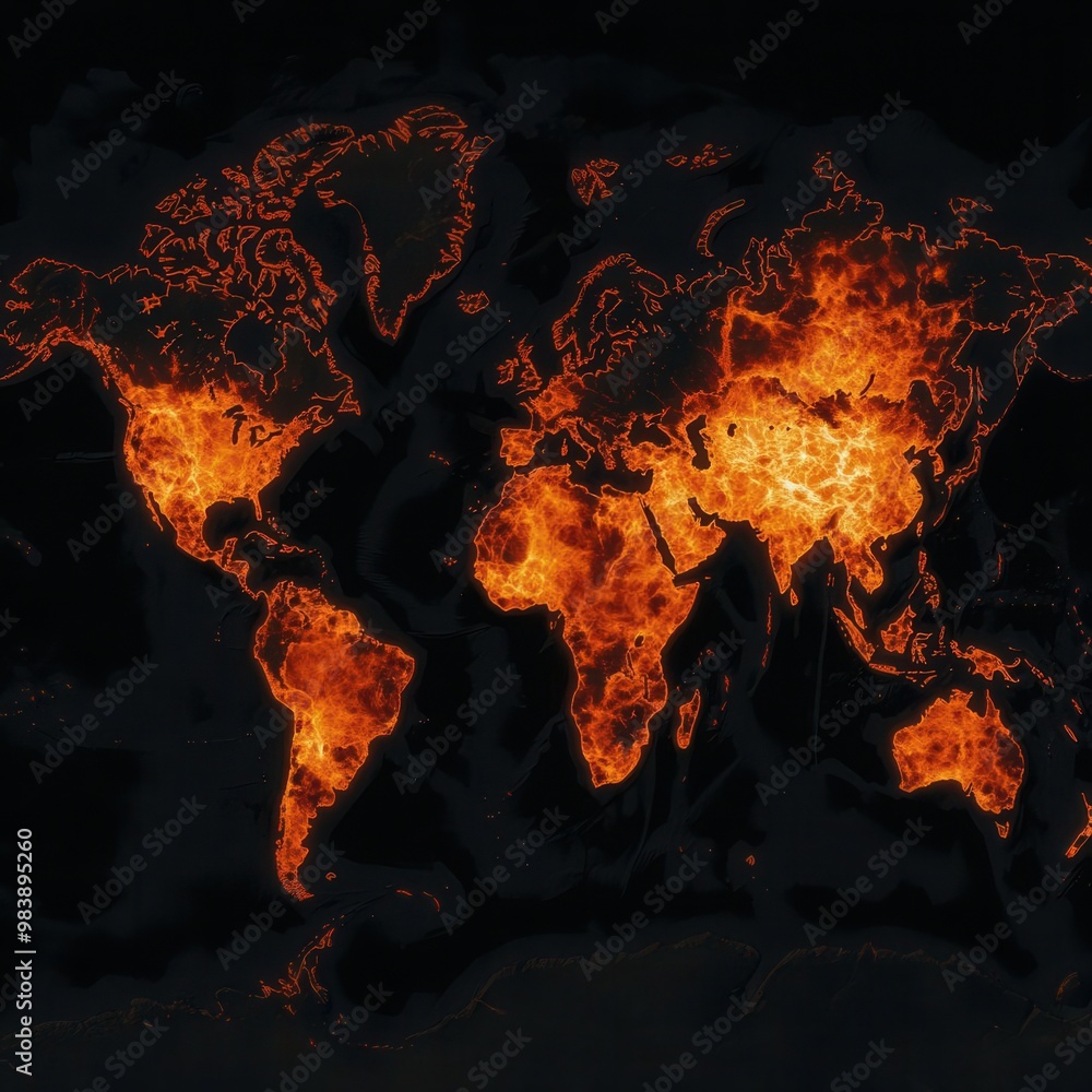 Digital map of the world with hot zones representing climate change ...