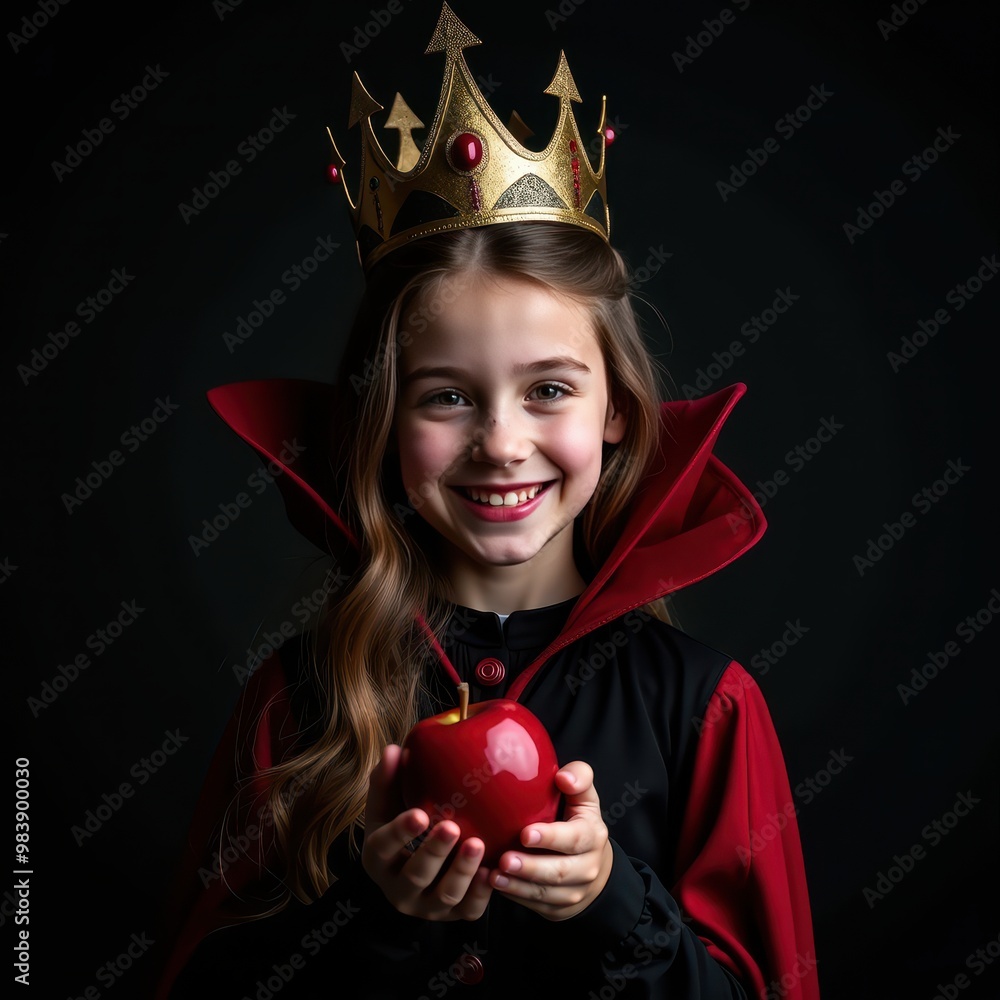 Dark and regal portrait of a teen girl dressed as an evil queen holding ...