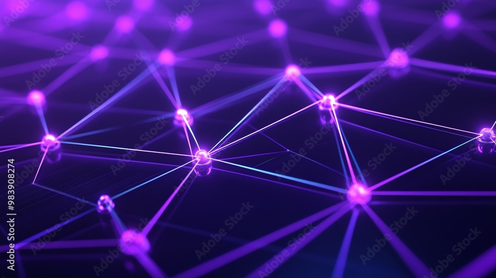 Abstract network visualization with glowing purple nodes and connections, representing digital ...