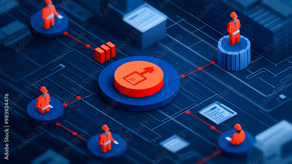 Isometric timeline with icons for innovation, planning, execution, and ...
