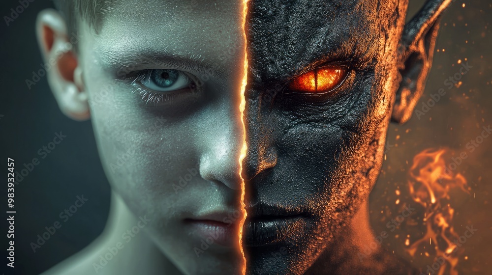 A young boy's face is split in half, revealing a demonic creature on ...