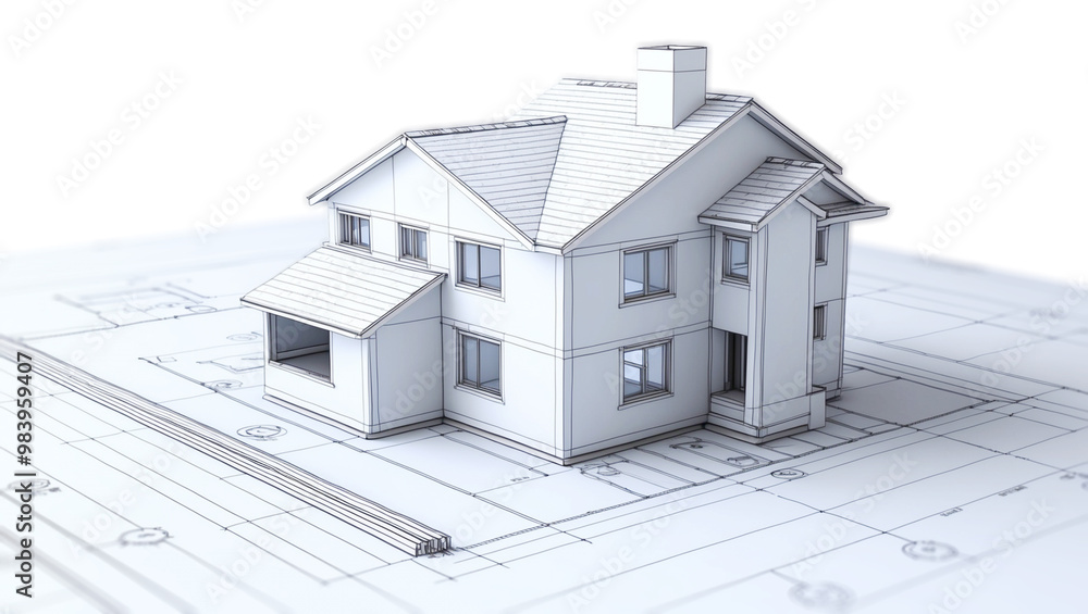 2D Blueprint with 3D Building: A construction blueprint showing a house ...