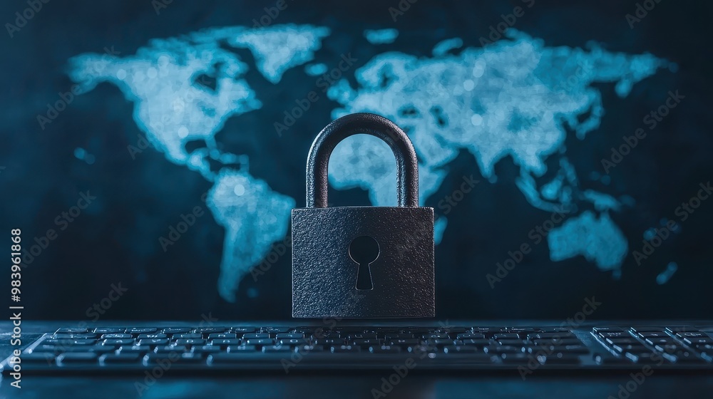 Padlock Placed On A Keyboard In Front Of A World Map Representing