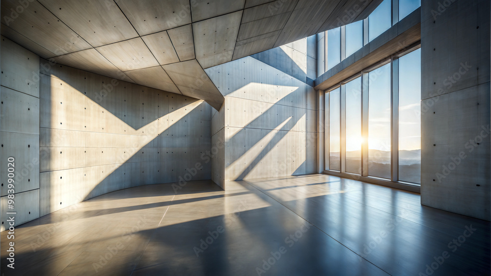 Interior of a space with brutalist concrete walls, sharp angles and ...