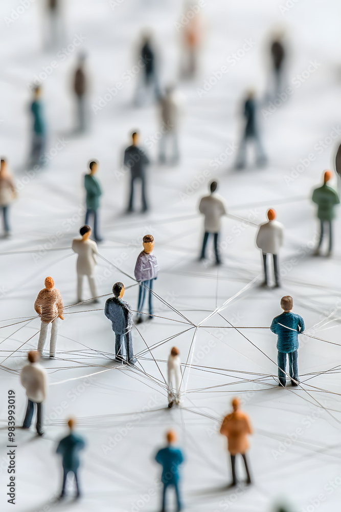 Group of simple miniature people shapes connected by thread lines on a ...