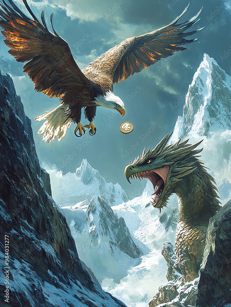 Epic fantasy scene of an eagle swooping down on a dragon amidst snow ...