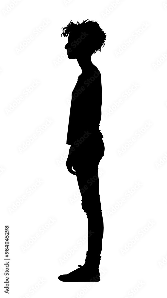 full body black silhouette of an androgynous person, standing, sideview ...