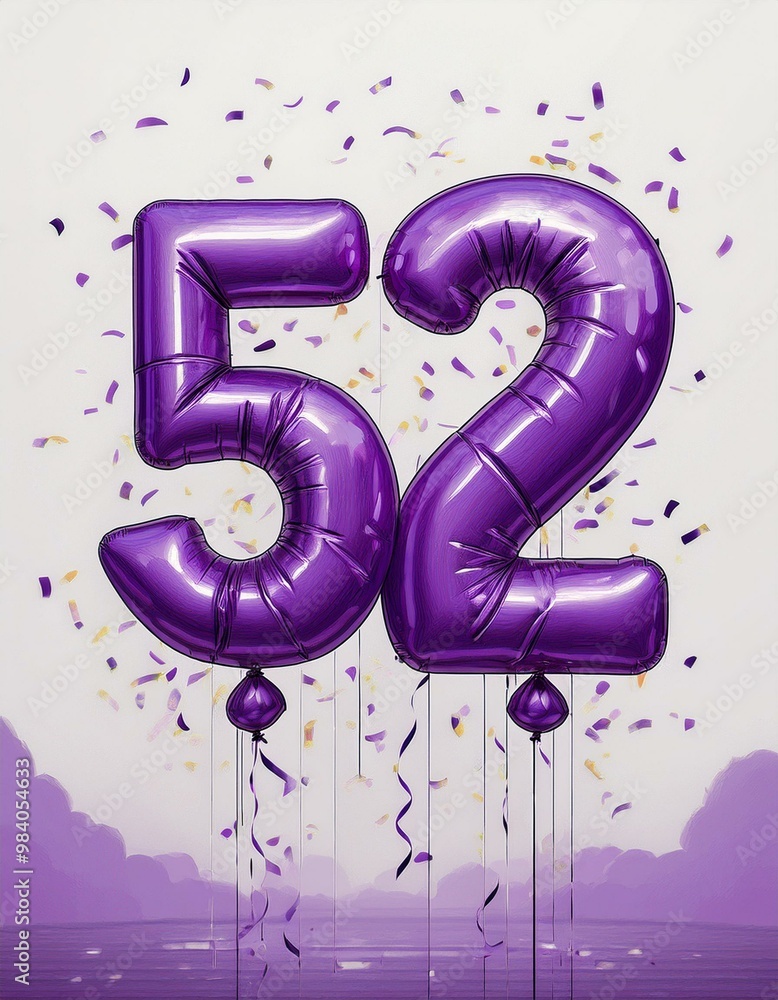 Purple birthday / anniversary balloon, number 52, white background with ...