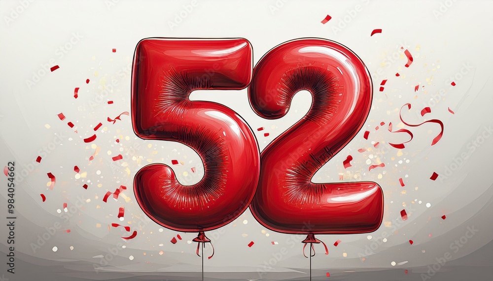 Red birthday / anniversary balloon, number 52, white background with ...