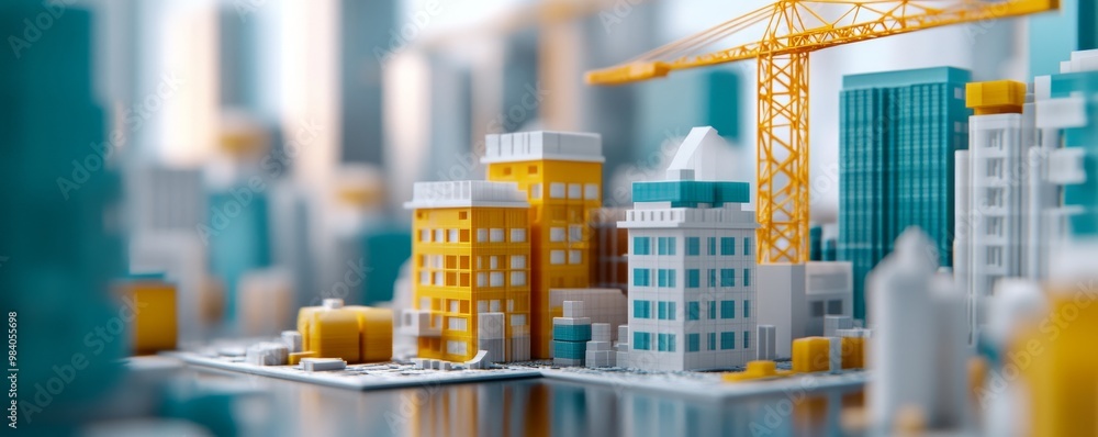 3D city model with buildings and construction cranes focusing on ...